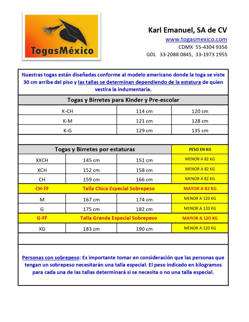Tallas de Togas – Togas México